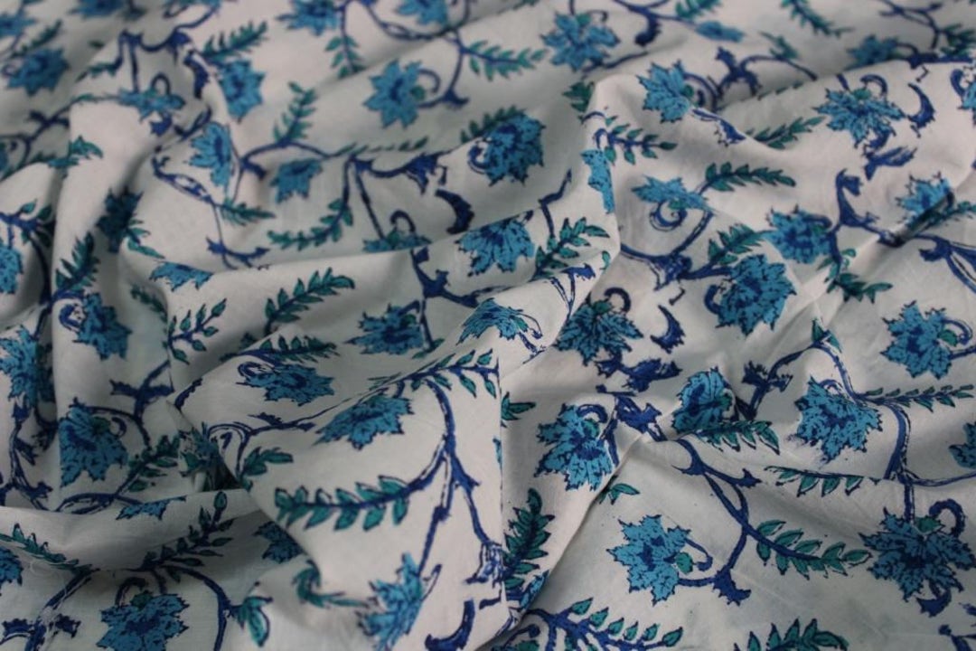 Blue Floral Block Printed Cotton Fabric: Lightweight Voile Dress ...
