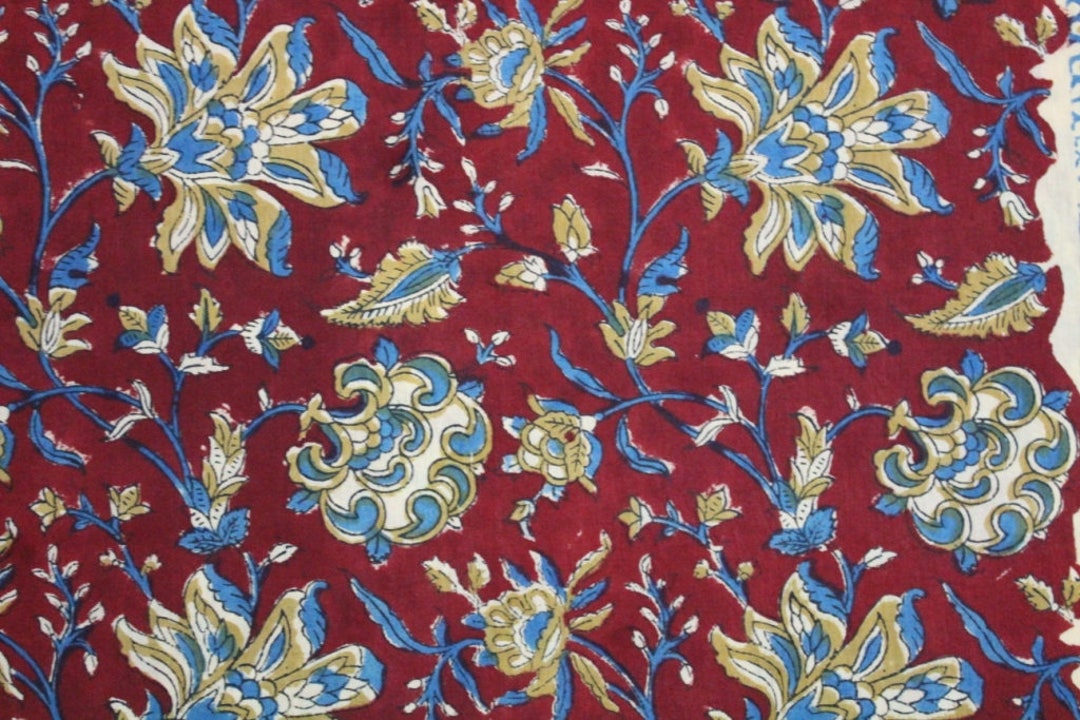Maroon Floral Printed Cotton Fabric, Hand Block Print, Beach Wear for ...