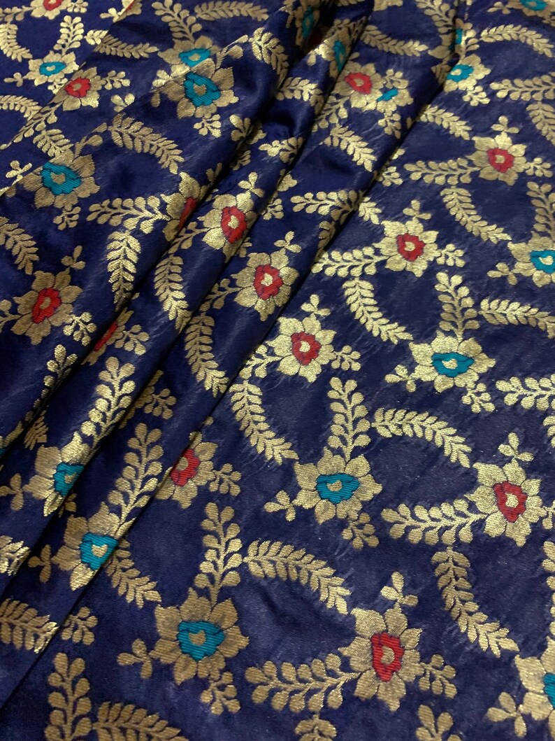 Navy Blue Brocade Fabric by the Yard Indian Fabric Crafting - Etsy