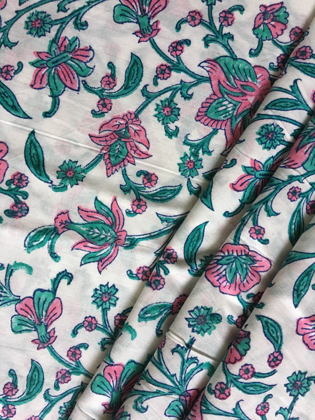 Hand Block Fabric Floral Print Indian Cotton Cambric Fabric, Sanganeri ...