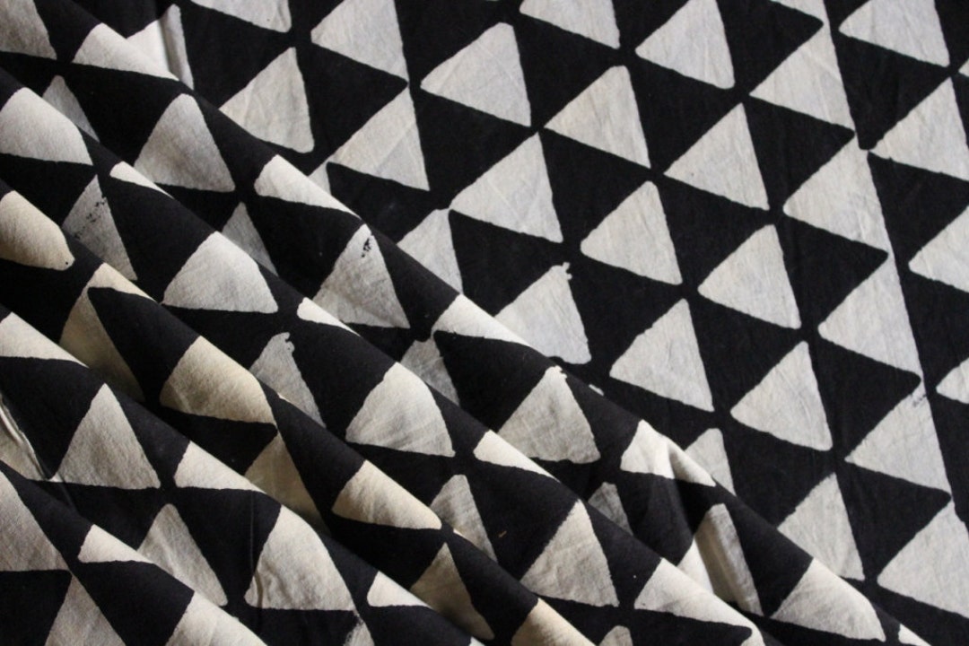 Geometric Block Print Cotton Fabric: Black Triangle Print by the Yard ...