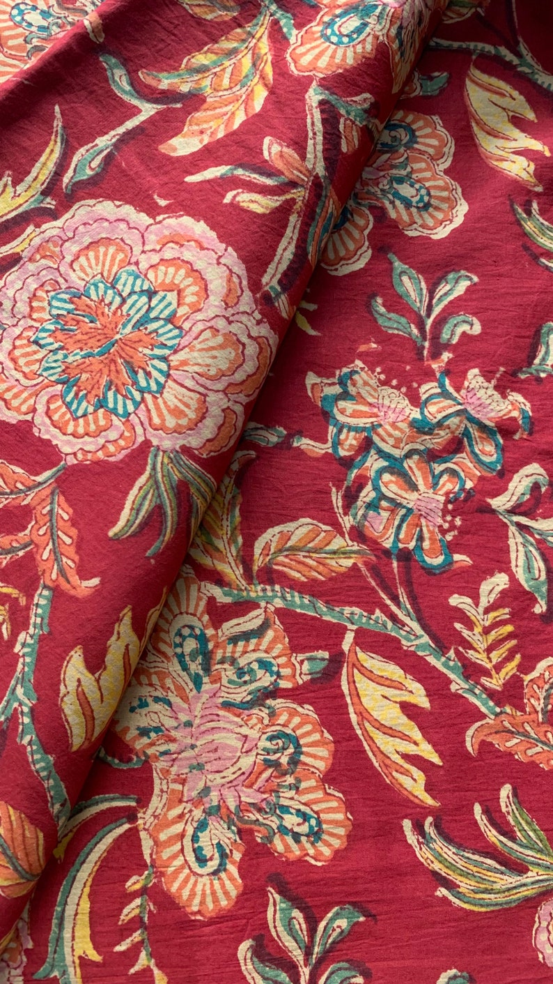 Red Floral Print Fabric by the Yard Indian Hand Block Printed - Etsy