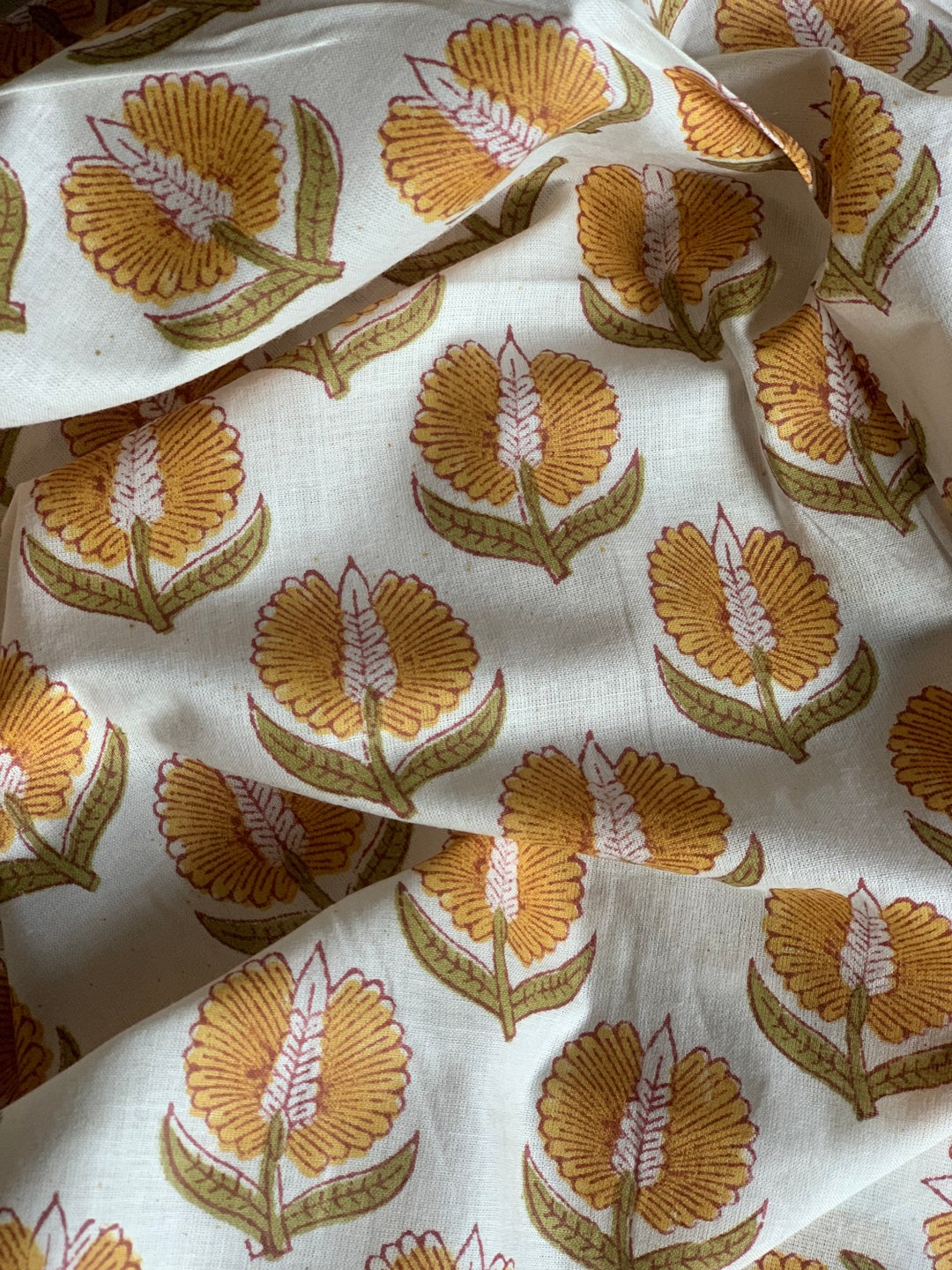 Yellow Floral Block Printed Cotton Fabric: Lightweight Sanganeri Buti ...