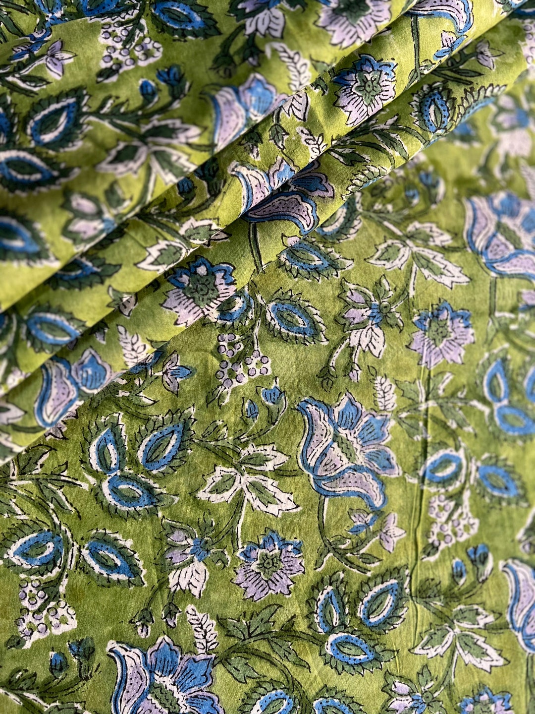 Green Floral Print Fabric by the Yard Indian Hand Block Printed Cotton ...