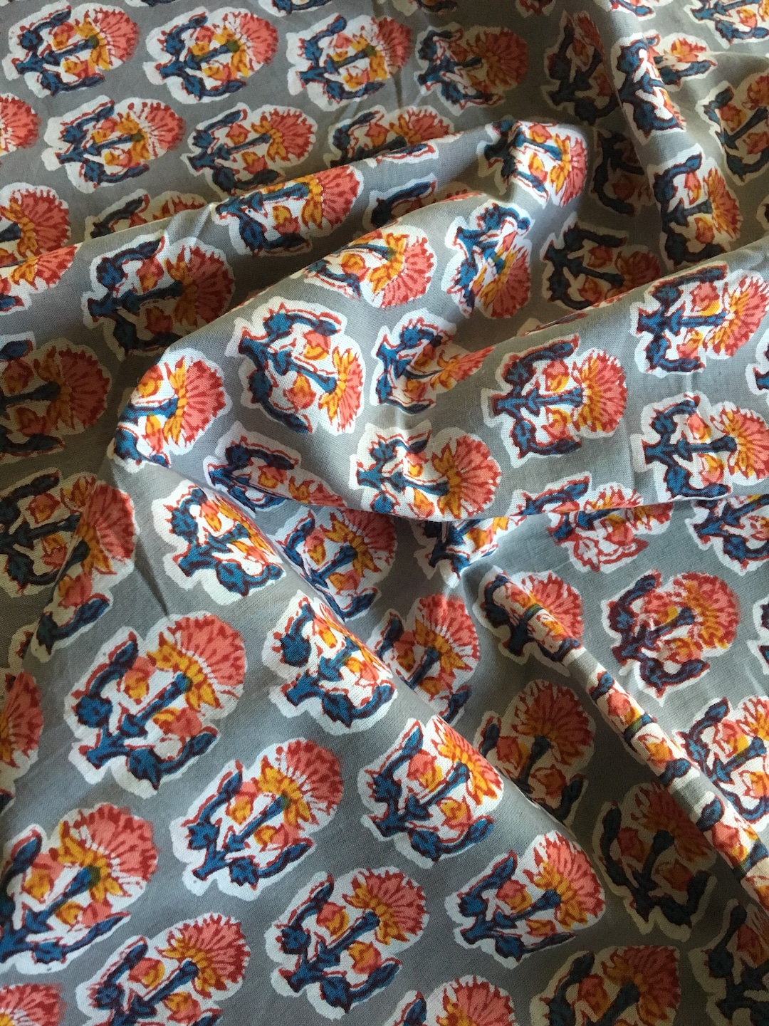 Gray Floral Print Fabric by the Yard Indian Hand Block Printed Cotton ...
