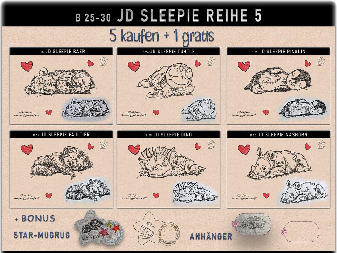 Embroidery File -JD Sleepies Series 5 --bundle 5+1 Sketchies My Passion ...