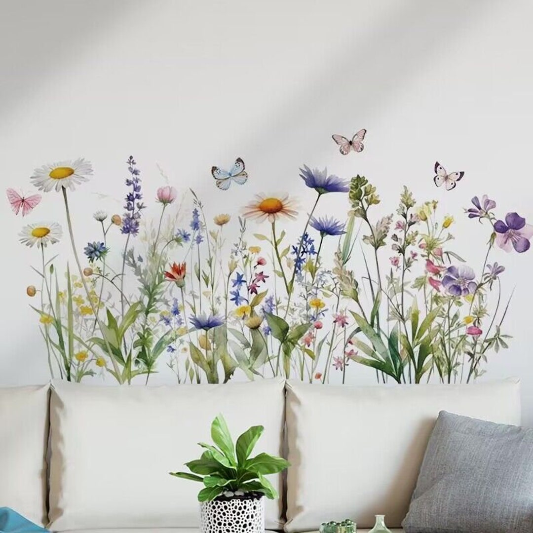 Watercolor Flower Decals Plant Flower Wall Stickers Green Leaf - Etsy