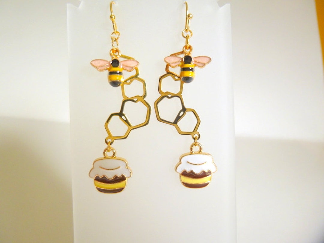 Honey Bee With Honey Pot and Hive Dangle Earrings, Queen Bee and Worker Bees Making Honey Drop ...