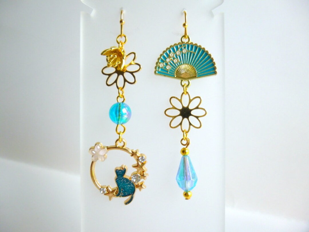 Asymmetric Cat Dangle Earrings: Kawaii Sakura Fan & Rhinestones - Etsy