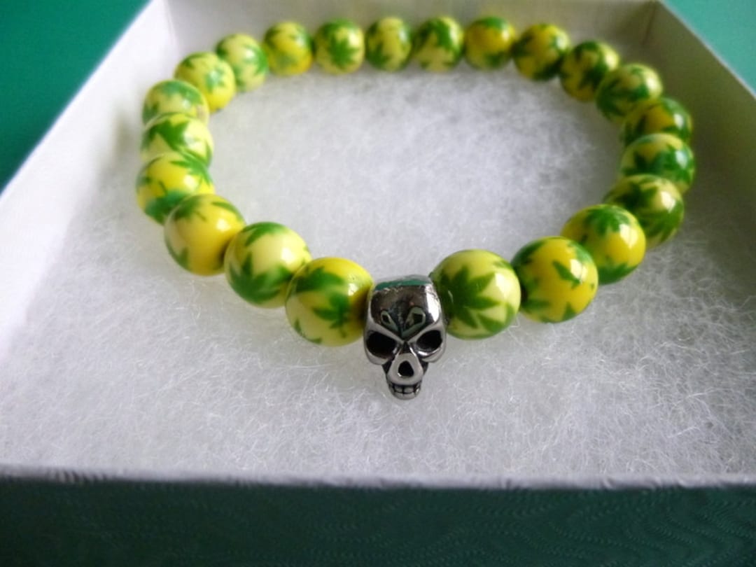 Pot Leaf Beaded Bracelet With Stainless Steel Skull, B263 - Etsy