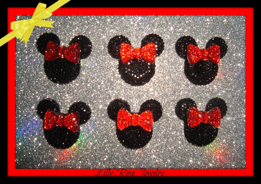 6 Black Glitter Rhinestone Minnie Mouse Cabochon Inspired Red Bow Head ...