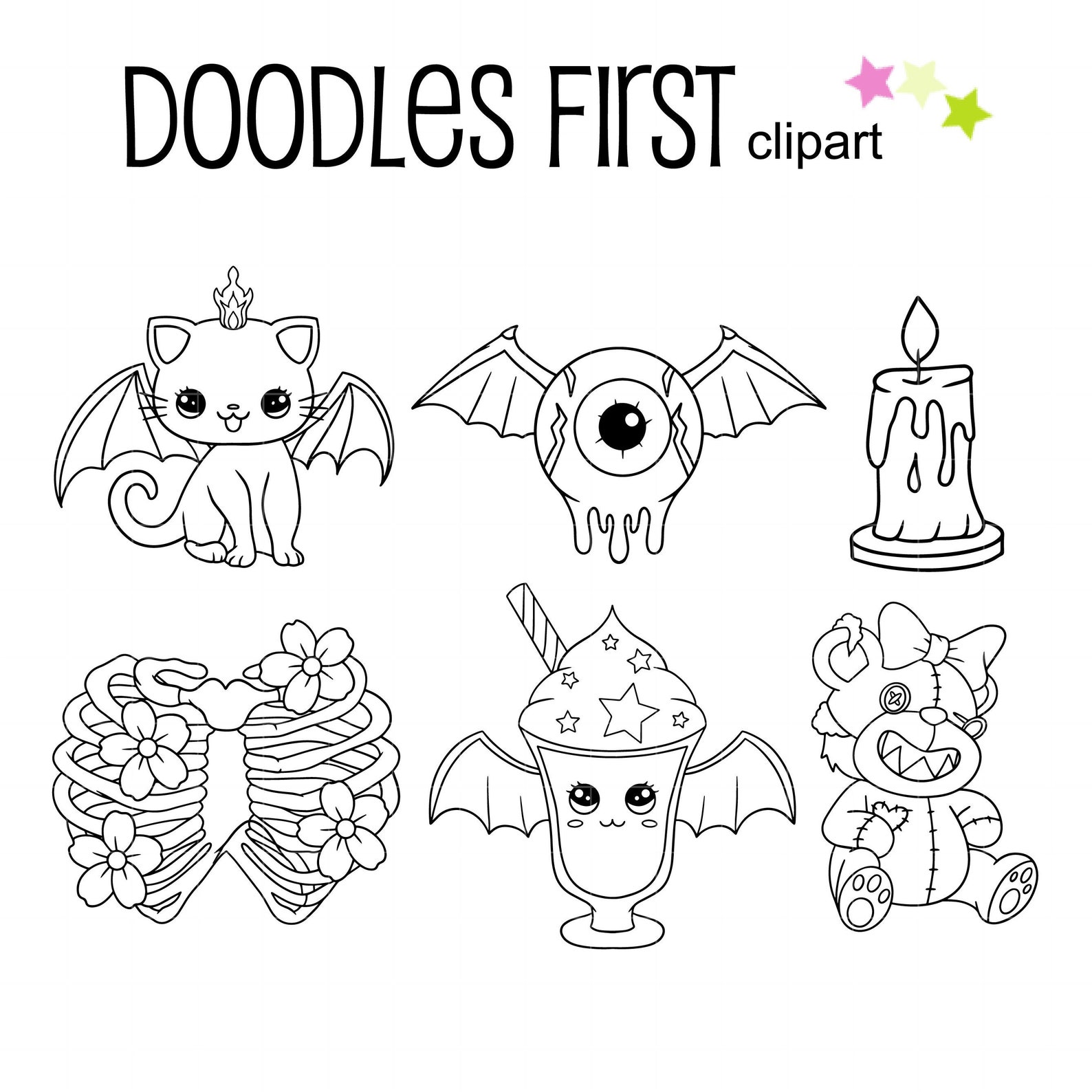 Kawaii Pastel Goth Outline Drawing Clip Art for Scrapbooking - Etsy