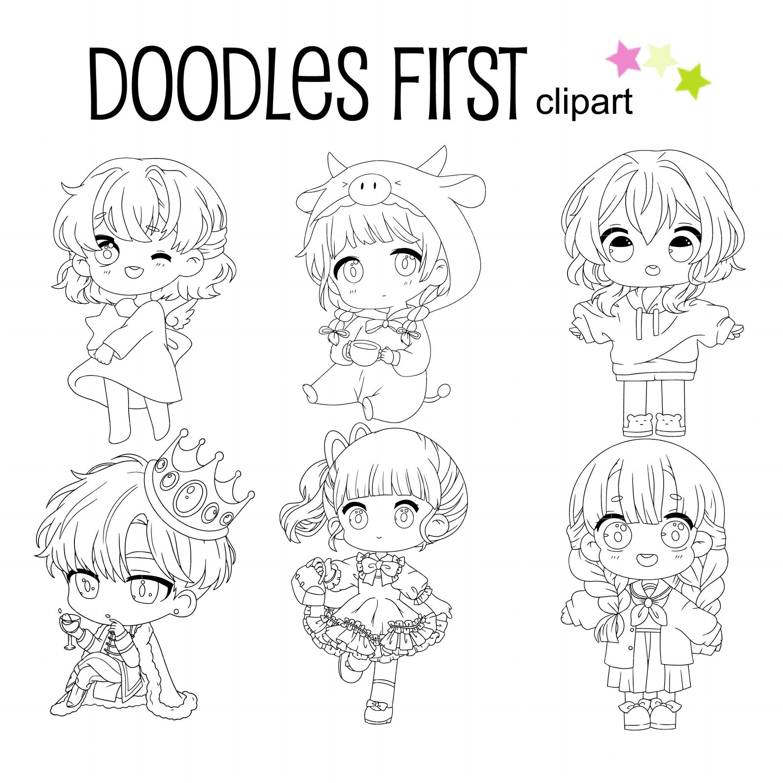 Chibi Anime Outline for Coloring Digital Clip Art for - Etsy