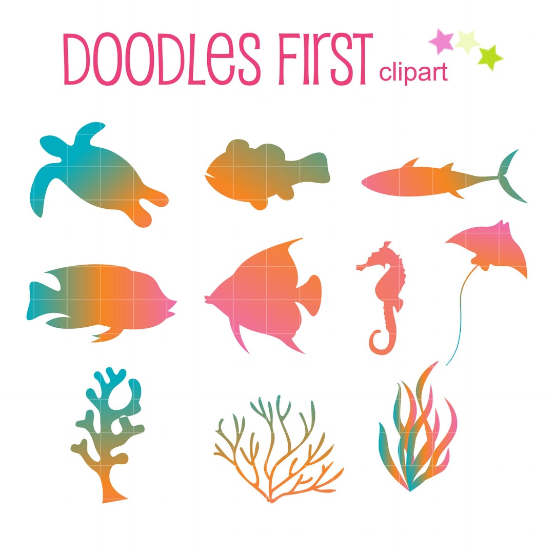 Sea Creatures and Corals Reef, Sea Animals, Outline Doodle Clip Art for ...