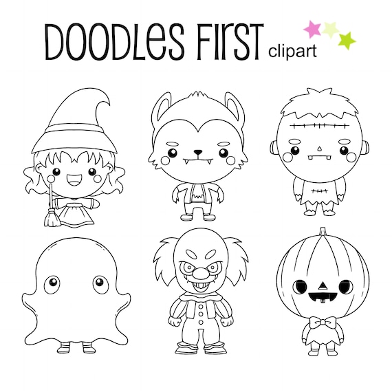 Kawaii Halloween Character Outline Drawing Clip Art for - Etsy