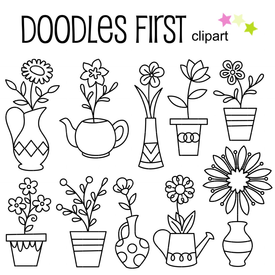 Doodle Potted Flowers Digital Clip Art for Scrapbooking Card Making ...