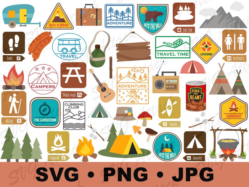 50 Camping Clipart Bundle PNG SVG JPG, Adventure Clip Art, Cricut Files ...