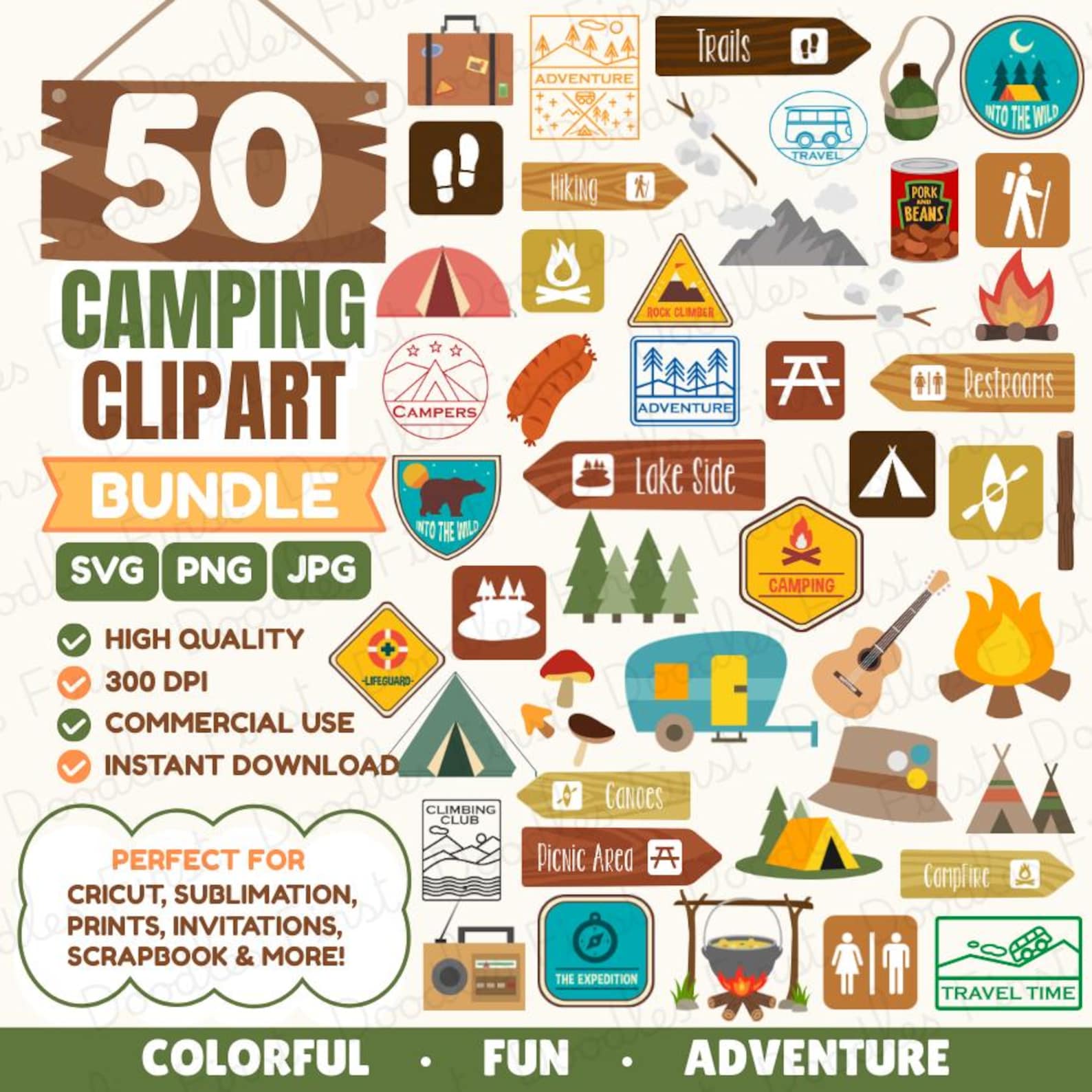 50 Camping Clipart Bundle PNG SVG JPG, Adventure Clip Art, Cricut Files ...