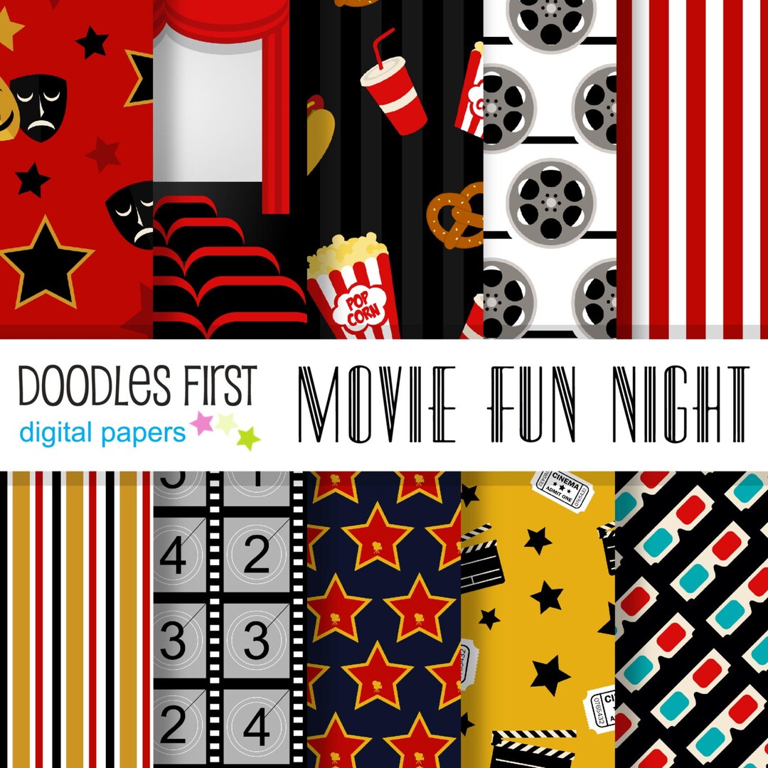 Movie Fun Night Party Digital Paper Pack Includes 10 for Scrapbooking ...
