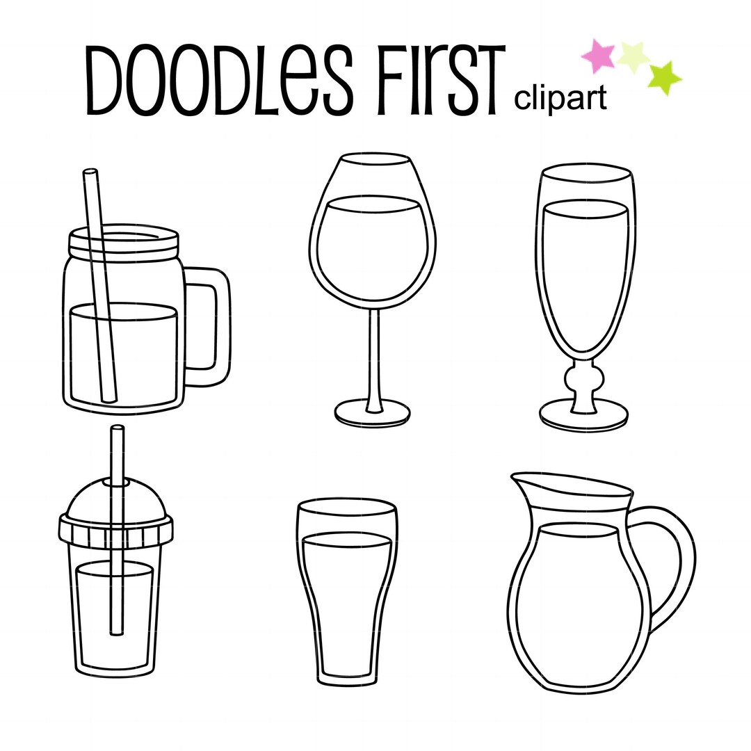 Cups and Glasses Outline Drawing Set Digital Clip Art for Scrapbooking ...