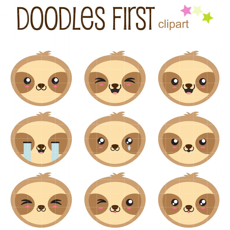 Kawaii Sloth Faces Digital Clip Art for Scrapbooking Card Making ...