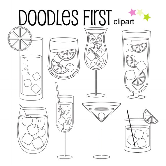 Summer Cocktails Outline Digital Clip Art for Scrapbooking | Etsy