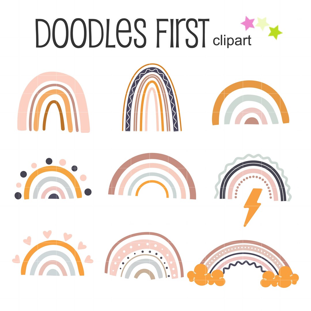 Hand Drawn Rainbow Doodle Digital Clip Art for Scrapbooking Card Making ...