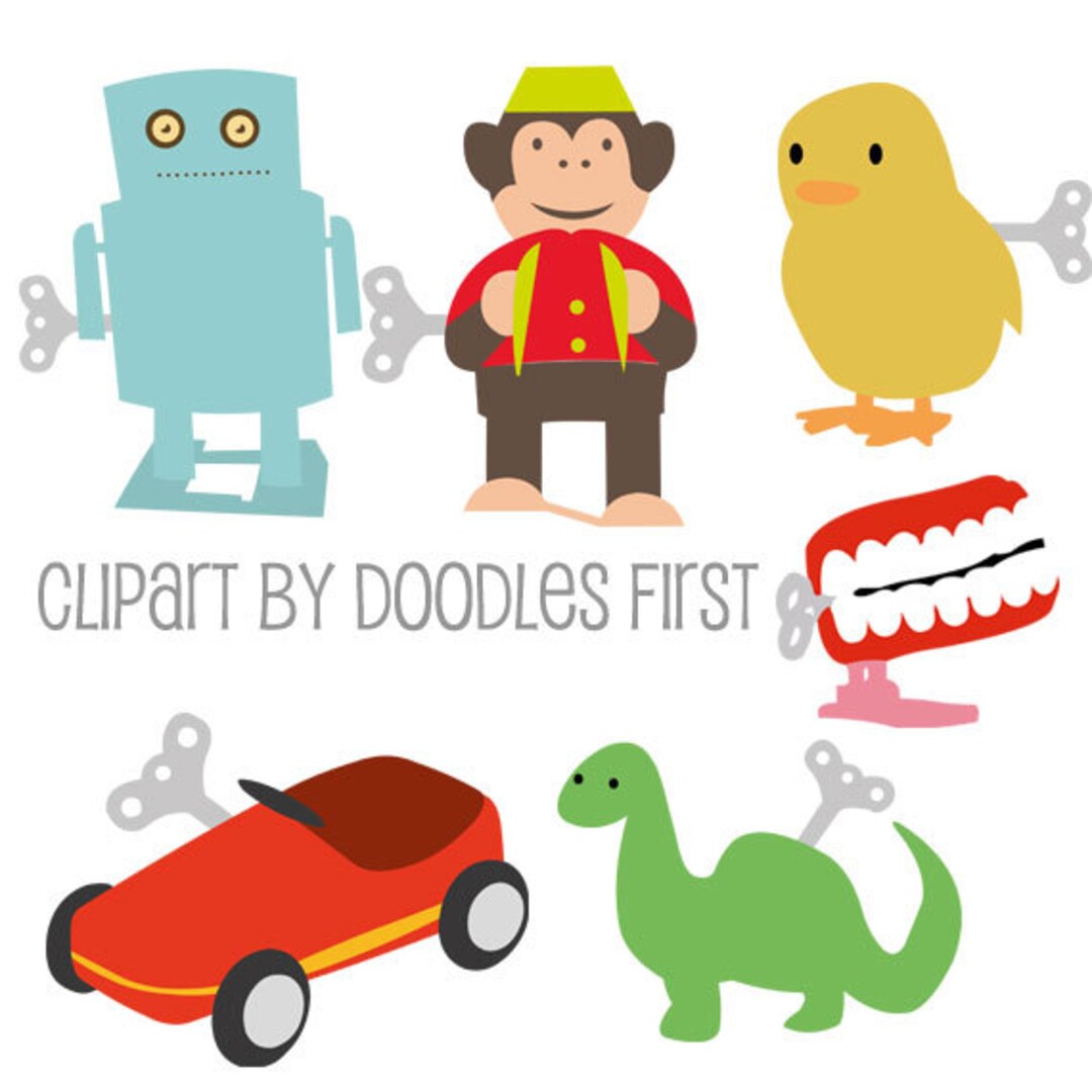 Retro Toys Windup Toys Robot Car and Monkey Clipart Digital Clip Art ...