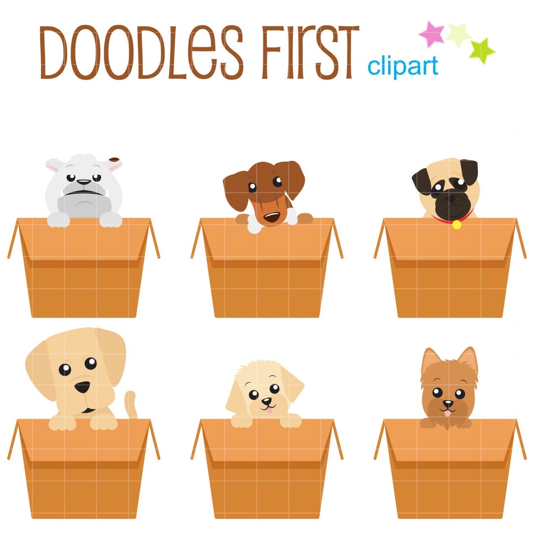 Dogs in Boxes Clip Art for Scrapbooking Card Making Cupcake Toppers ...