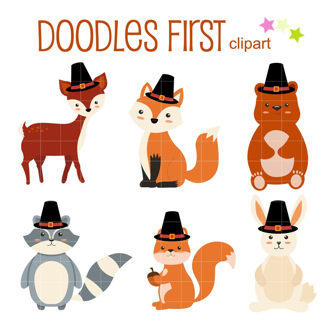 Fall Animals Wearing Pilgrim Hat Clip Art for Scrapbooking Card Making ...