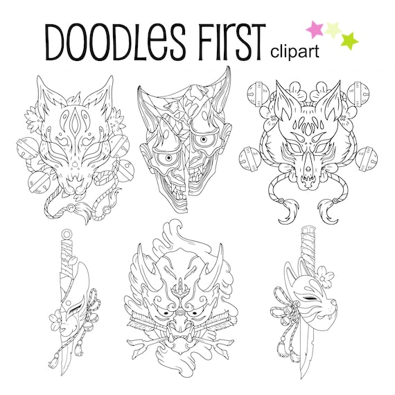 Japanese Mask Outline Drawings Clip Art for Scrapbooking Card | Etsy