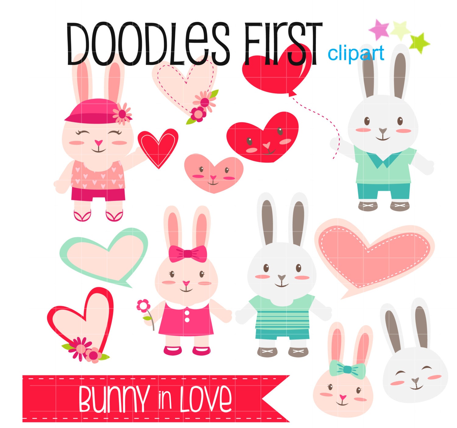 Valentine Bunnies in Love Clipart Digital Clip Art for | Etsy