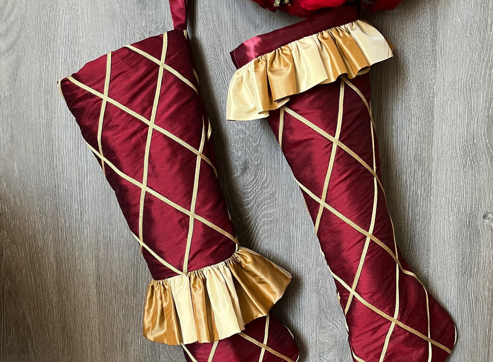Set of Two Silk Christmas Stockings, 21 Inch, Burgundy, Gold, Lattice ...