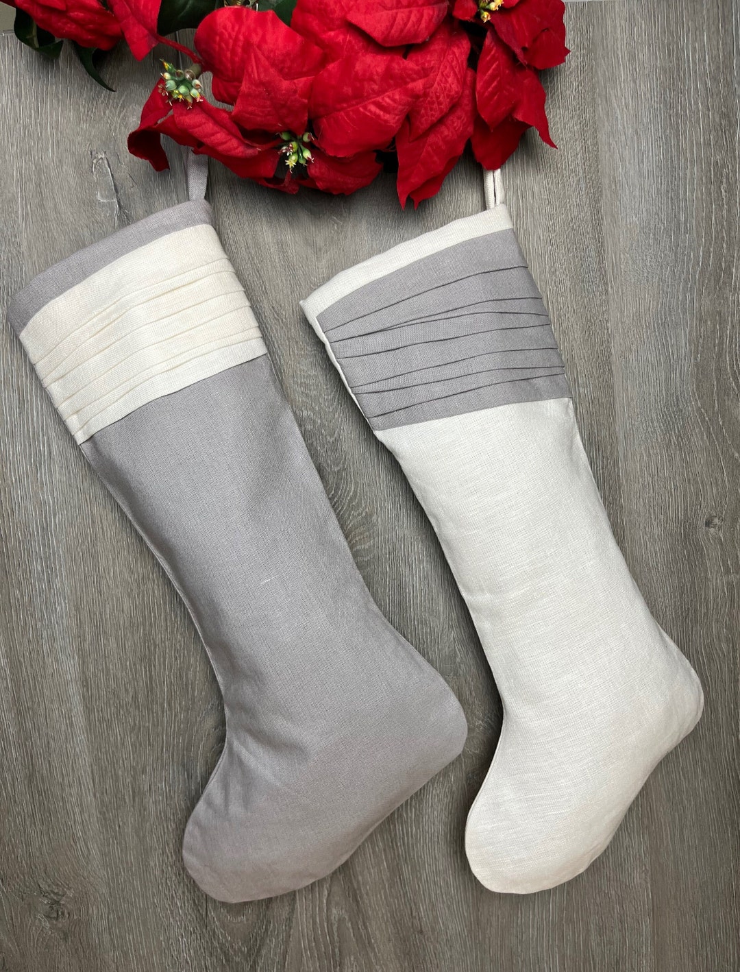 Two Christmas Stockings, Linen Blend, 19 Inches, Gray, White, Holiday ...