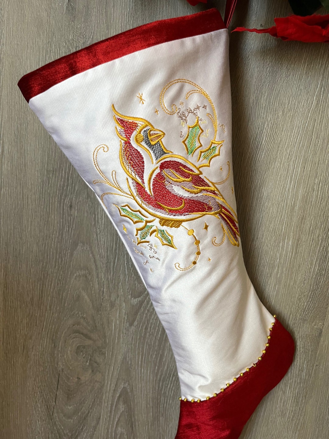 Gilded Cardinal Embroidered Christmas Stocking, Velvet, 21 Inch, White ...