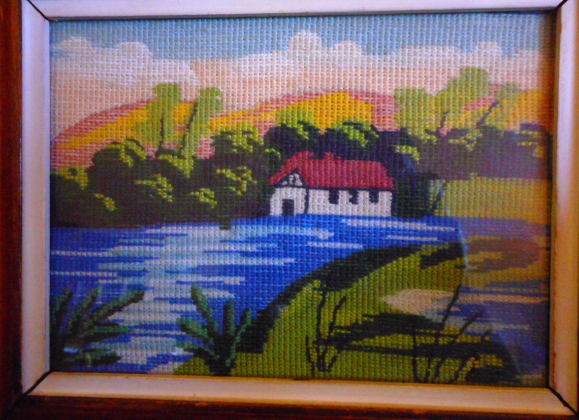 Rustic Needlepoint Wood Framed Landscape Artwork/wall Hanging - Etsy