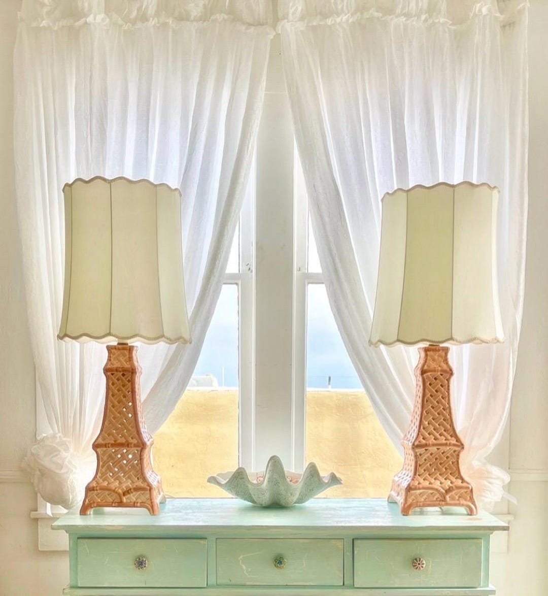 PAIR - Large Coral Pink Faux Bamboo Chinoiserie Pagoda Lamps - Etsy