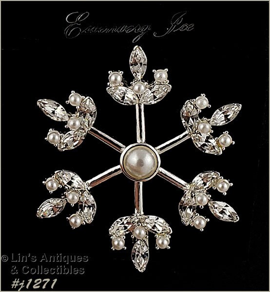 Signed Eisenberg Ice Faux Pearl and Rhinestone Snowflake Pin - Etsy