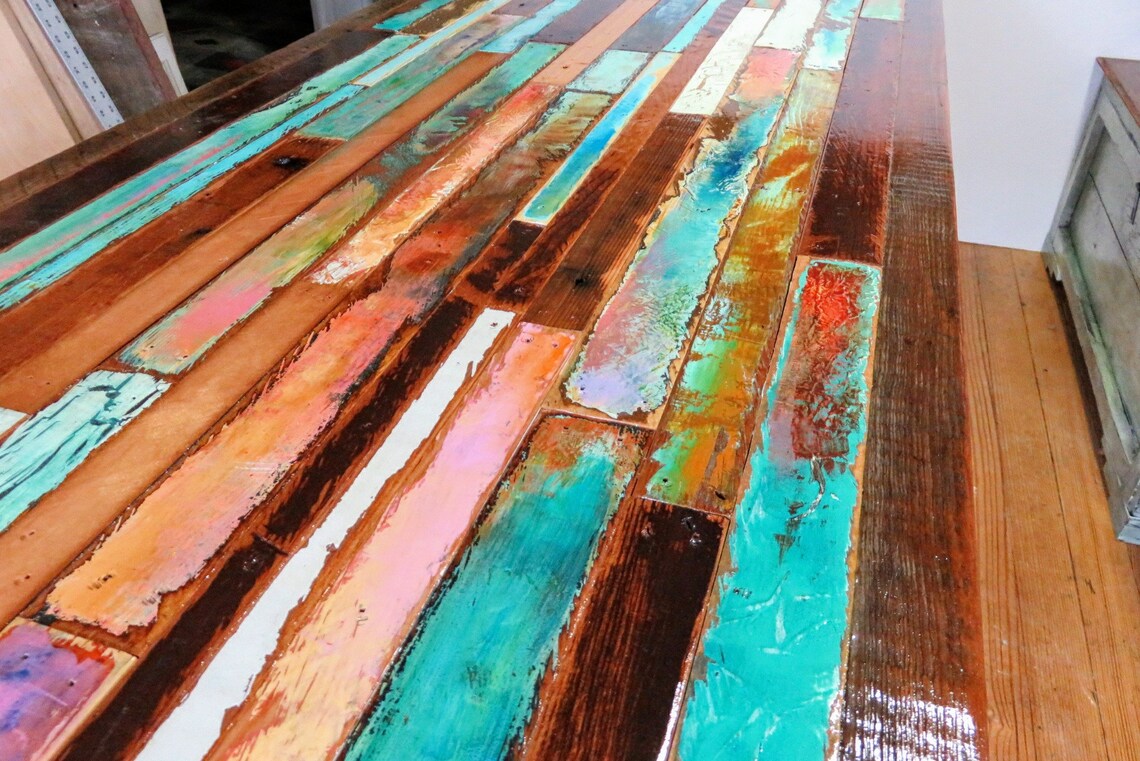Dining Table With Colorful Barn Wood Mosaic. - Etsy