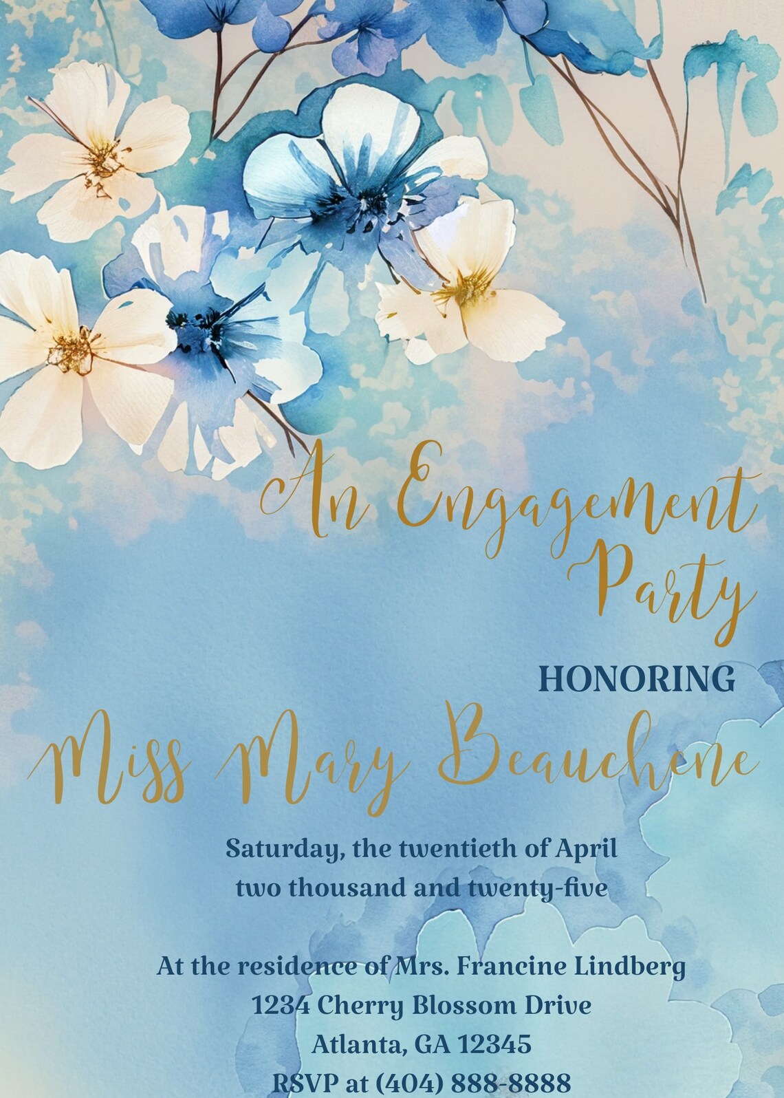 Blue Watercolor Flowers Instant Download Invitation Template Editable ...