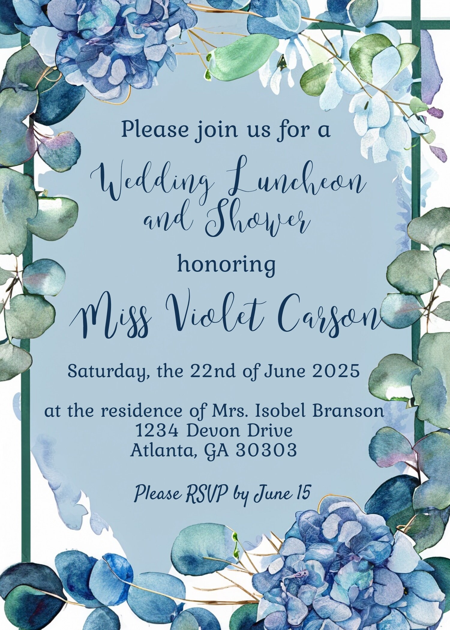 Wedding Luncheon Shower Blue Hydrangea Instant Download Editable ...