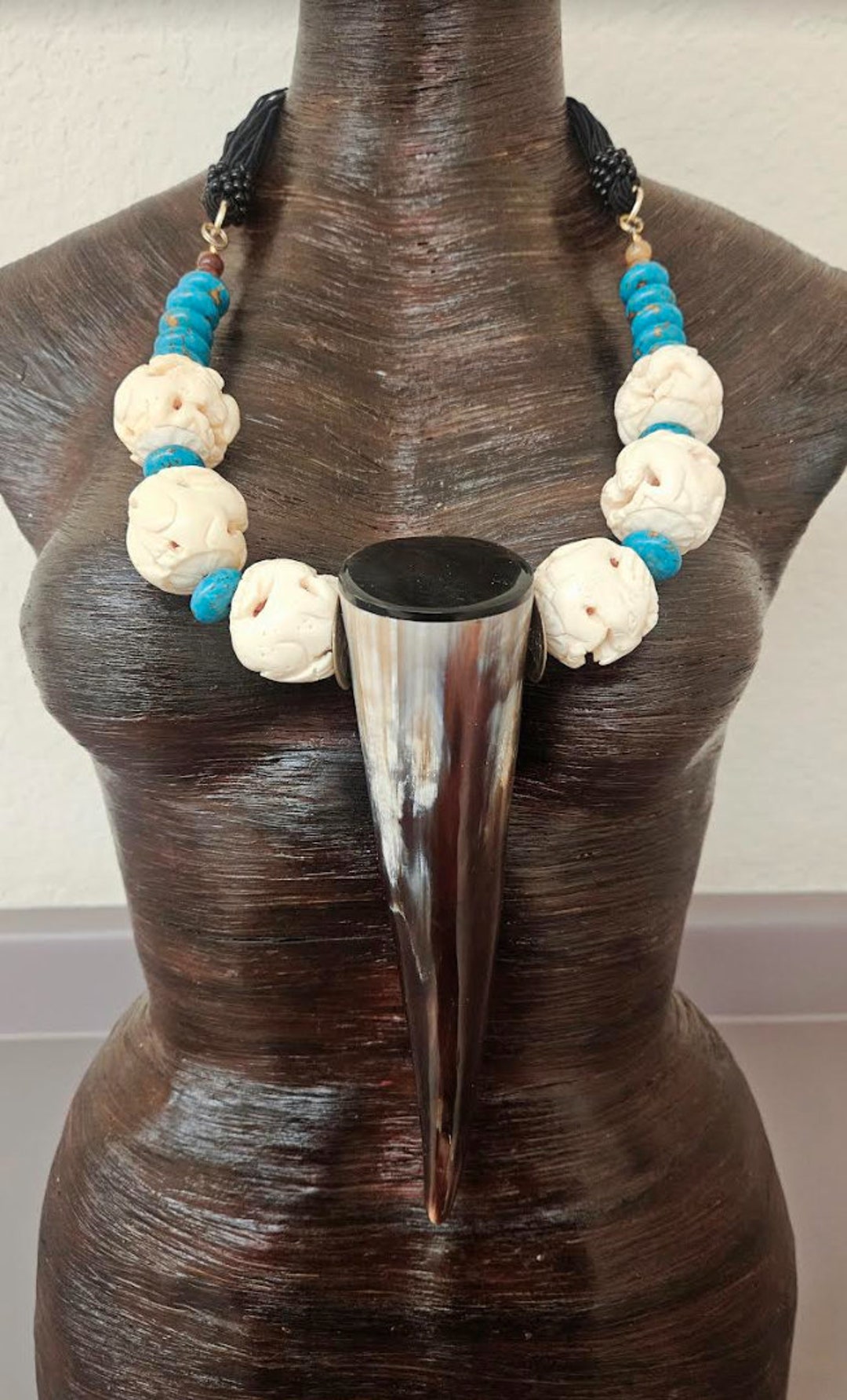Horn Statement Pendant: Bone Beads, Turquoise, Brass Coins - 30 ...