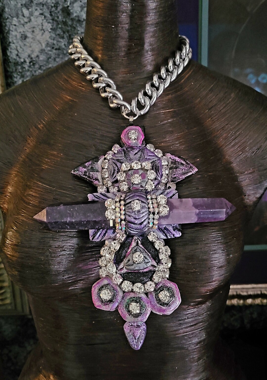Lepidolite Double Obelisk Purple Silver & Black Art Deco Pendant ...