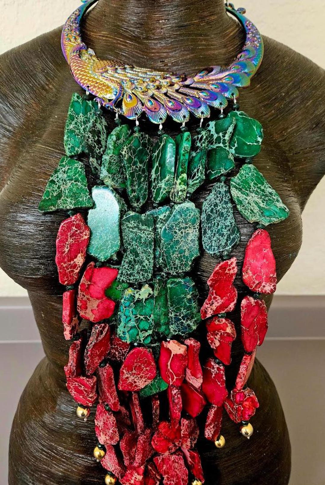 Sea Sediment Slab Waterfall Statement Necklace, Red & Green Composite ...