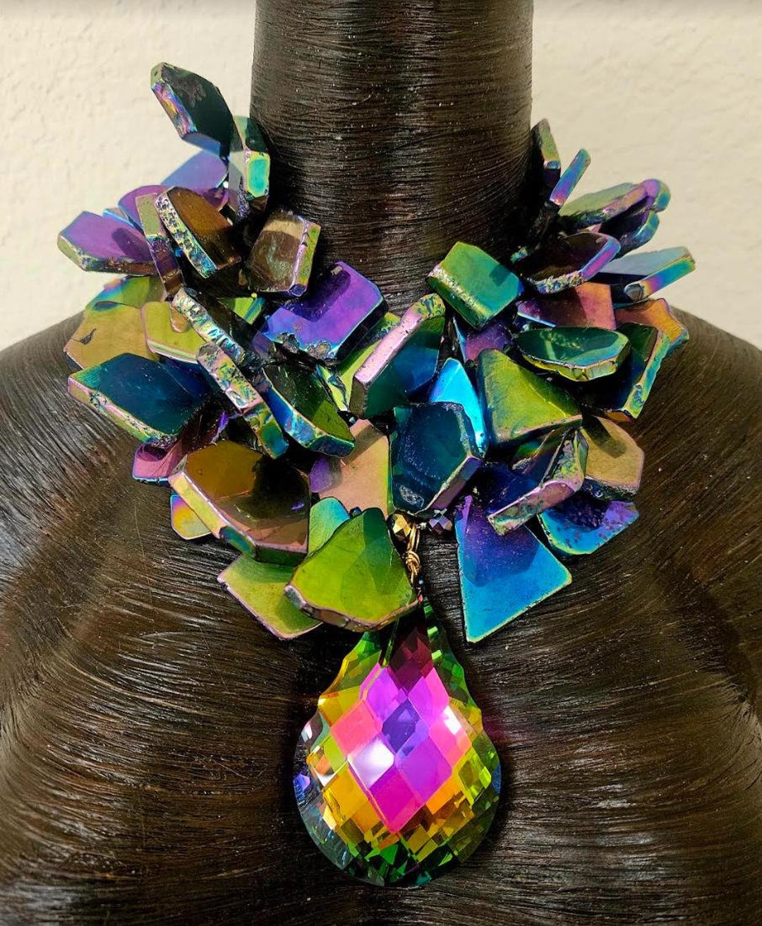 Titanium Slab Statement Necklace With Aurora Borealis Crystal Pendant ...