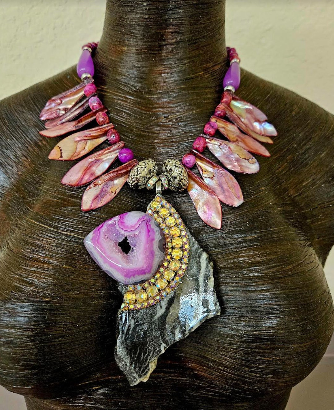 Zebra Slab Druzy Agate & Rhinestone Artisan Pendant, Pink Abalone MOP ...