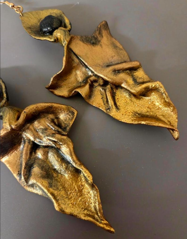 Golden Bronze Sculpted Leaf Shoulder Duster Pierced Earrings : Artisan ...