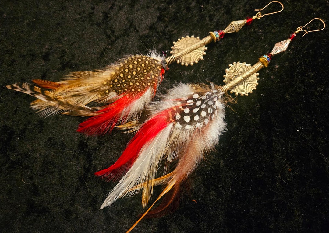 Shoulder Duster Feather Pierced Earrings, Tribal Inspired Brass XL ...