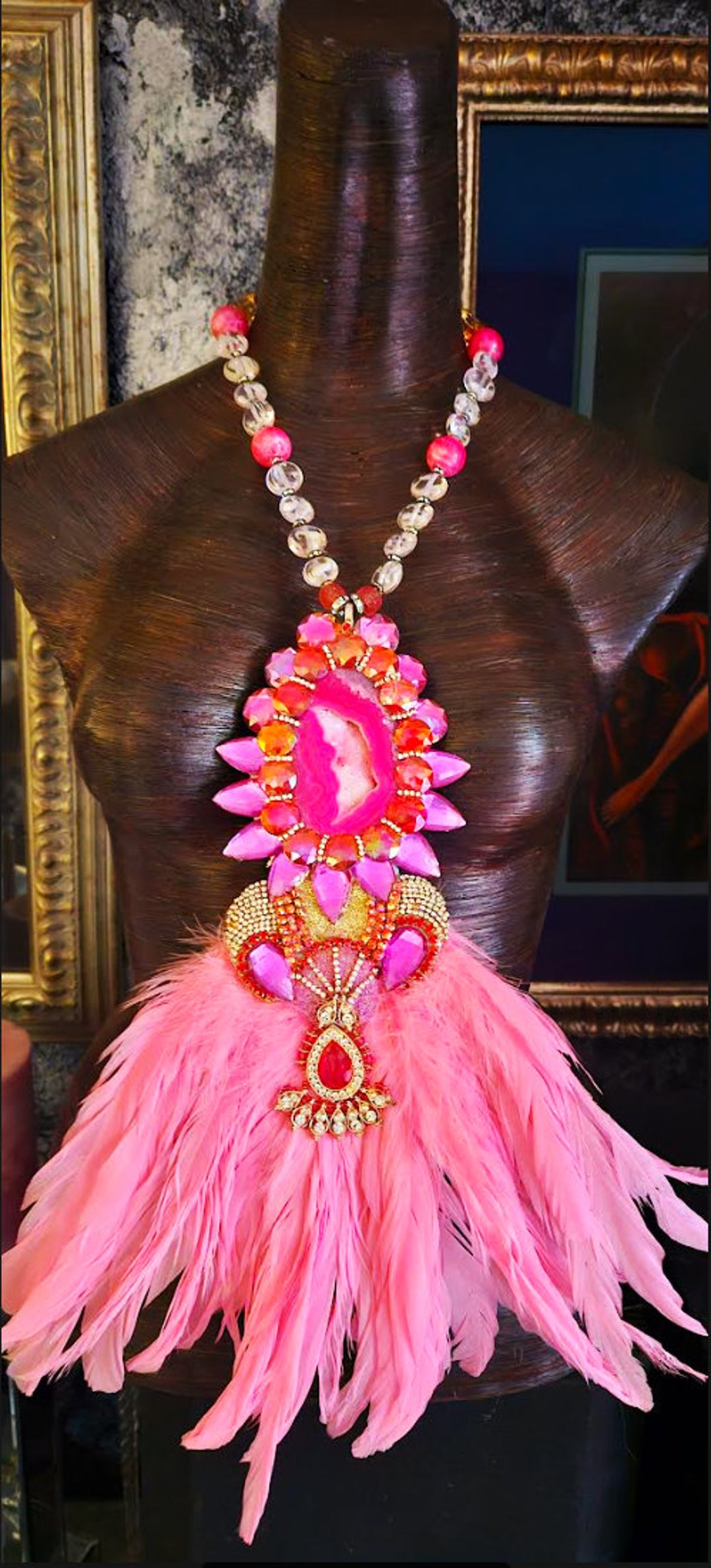 Art Deco Pink Agate Feather Chest Piece: Rhinestone Statement Pendant ...