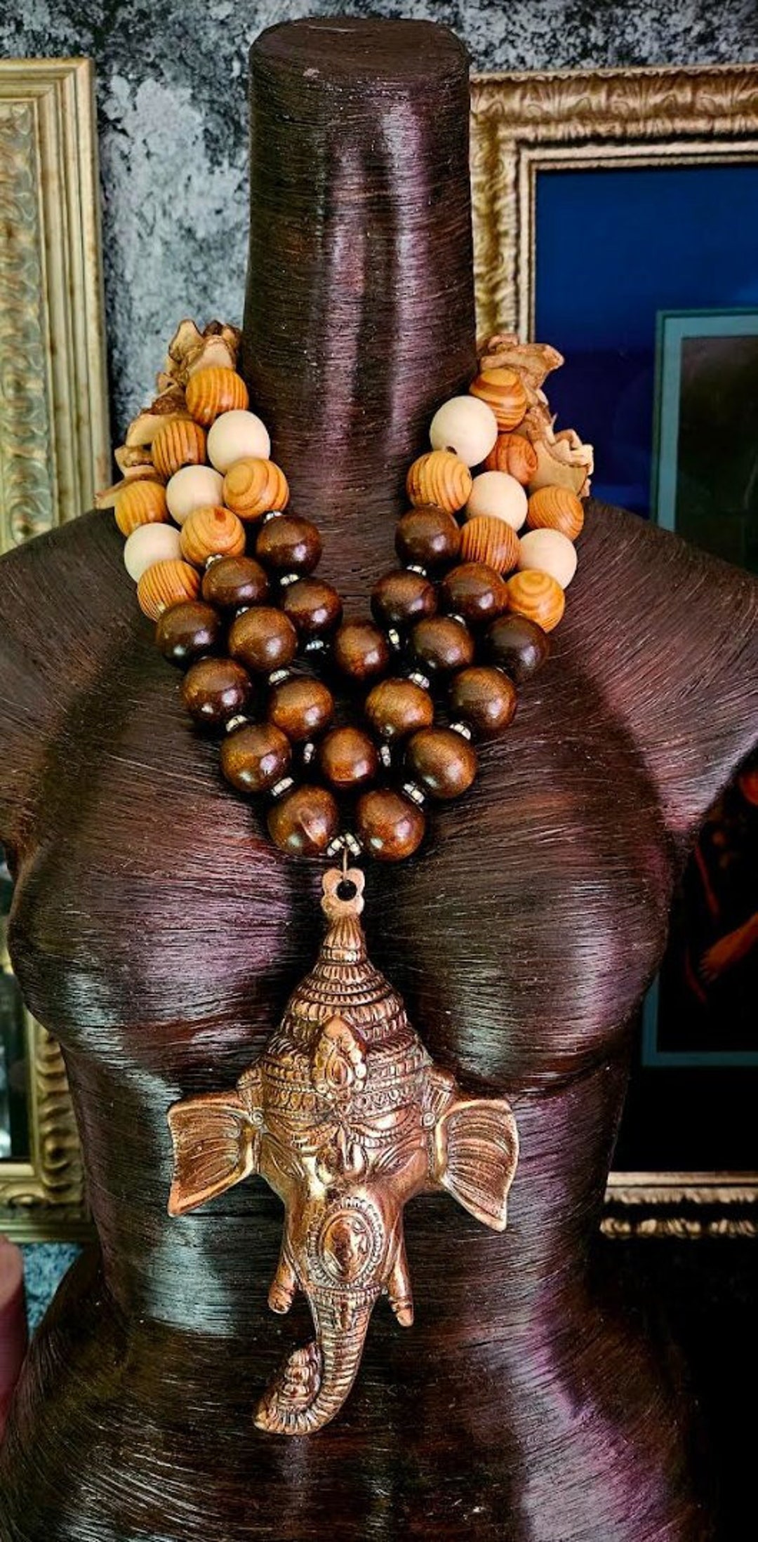 Earth Tone Multi Strand Wood Beaded Ganesh Chest Piece, Copper Indian ...